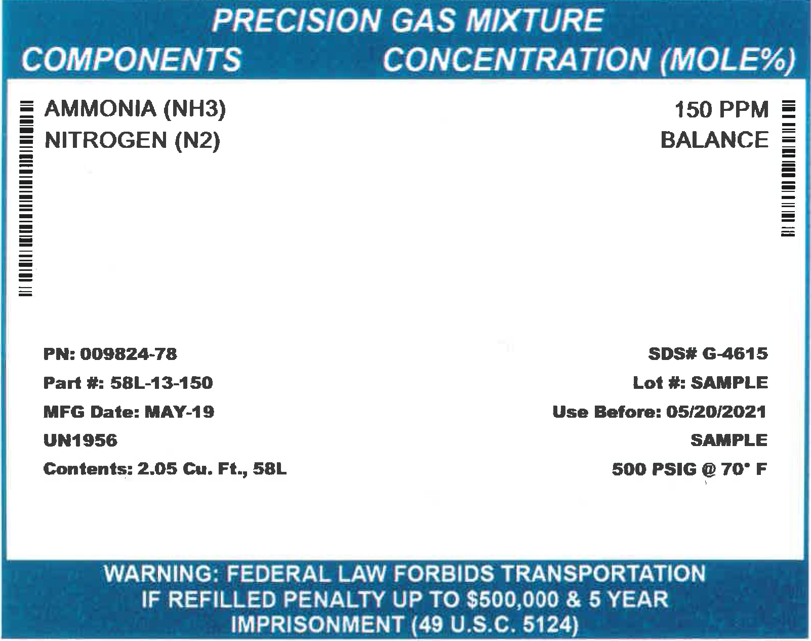 Ammonia, NH3, 150 ppm in Nitrogen (58 SL)